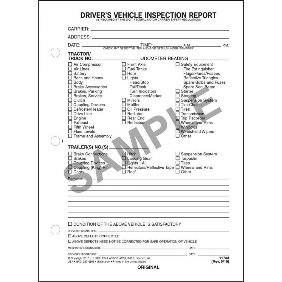 Detailed Driver’s Vehicle Inspection Report, Side-Stub Snap-Out Format ...