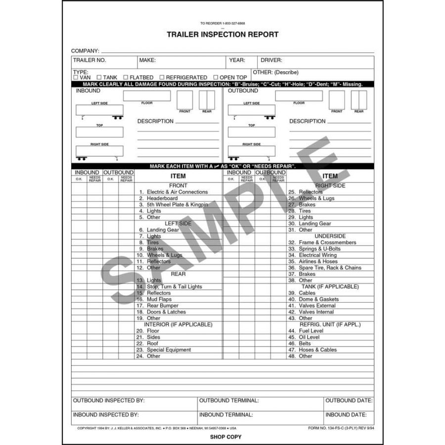 Trailer Inspection Report, 3-Ply, Snap-Out Format – Stock (Pkg Qty 250 ...