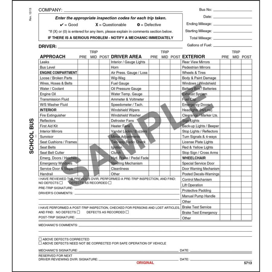 New York School Bus Driver??s Vehicle Inspection Report (Qty: 10 Units ...
