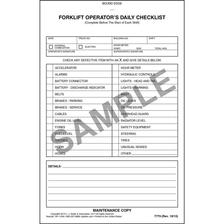 Forklift Operator Daily Checklist – Book Format, Carbonless (Qty: 5 ...